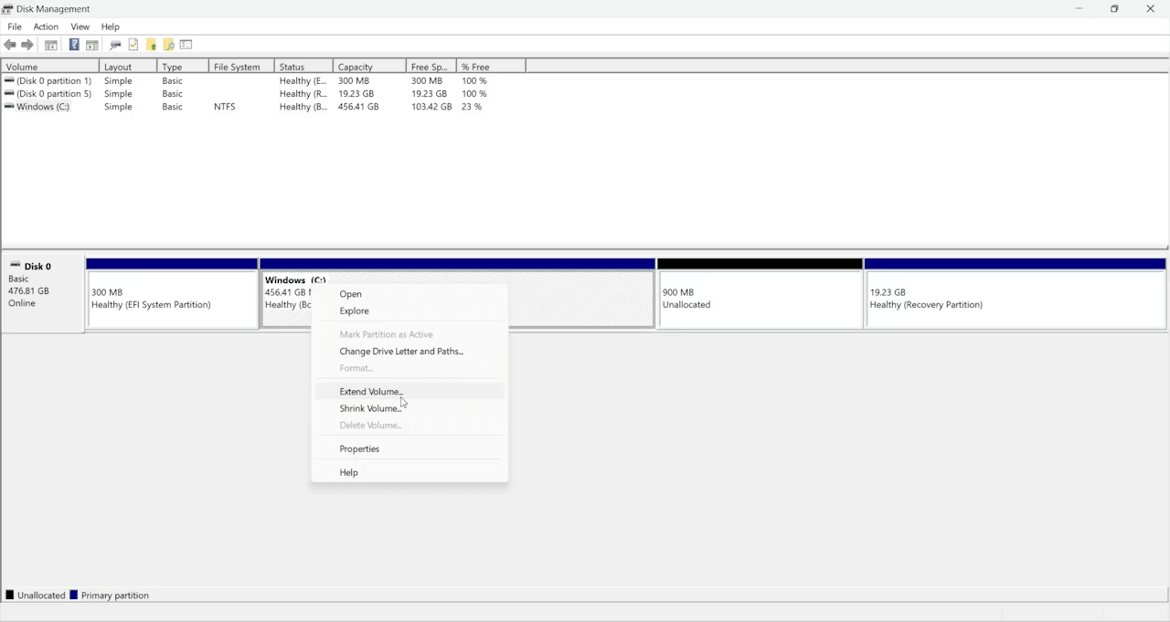 Grayed Out "Extend Volume" in Windows Disk Management